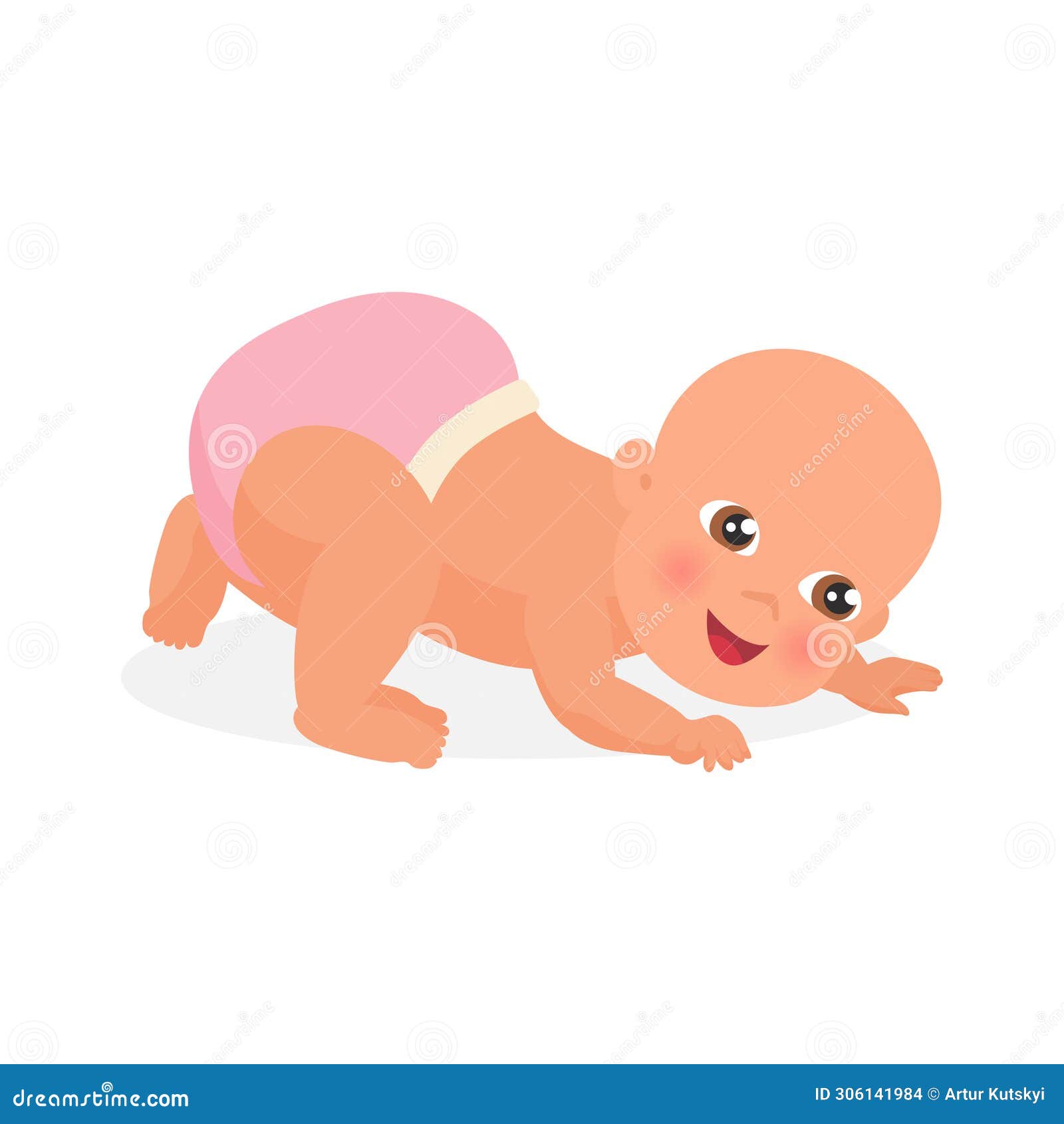 Newborn Baby in Pink Diaper Learning To Crawl, Training Process Stock ...