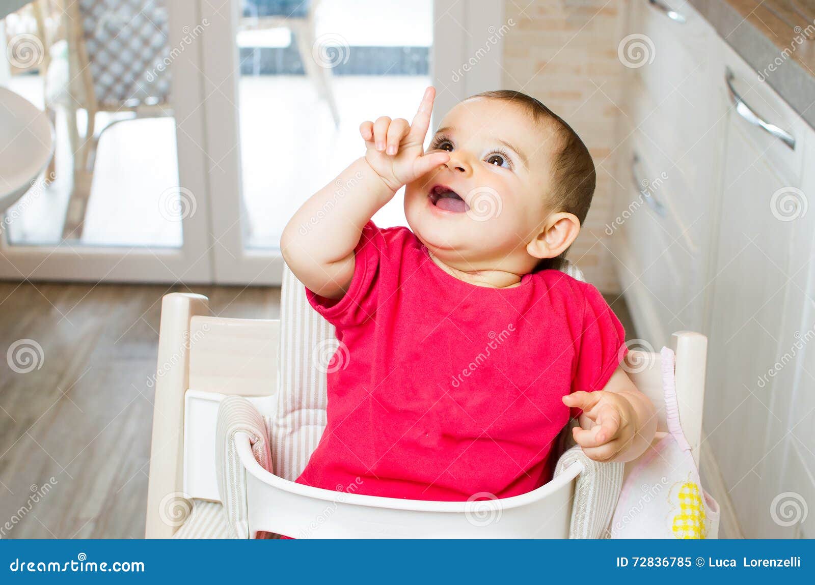 Newborn Baby Point Finger Up Smile Kitchen Stock Image - Image of ...