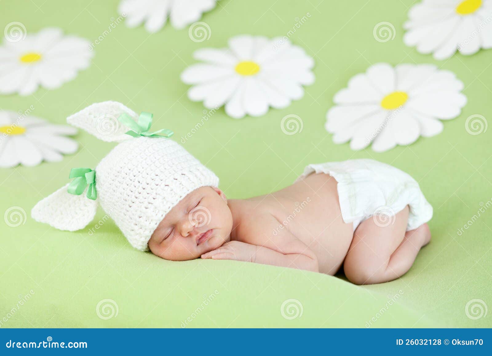 Newborn Baby Sleeping on Green among Paper Daisy Stock Photo - Image of ...