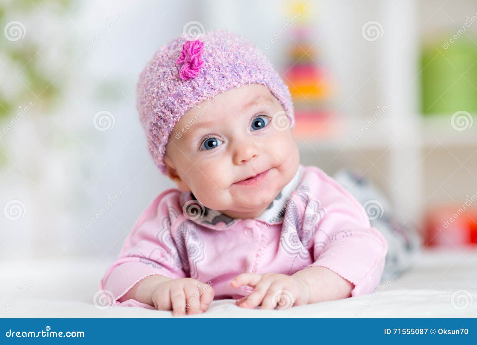 Newborn Baby Smiling Looking at Camera Stock Image - Image of lying ...