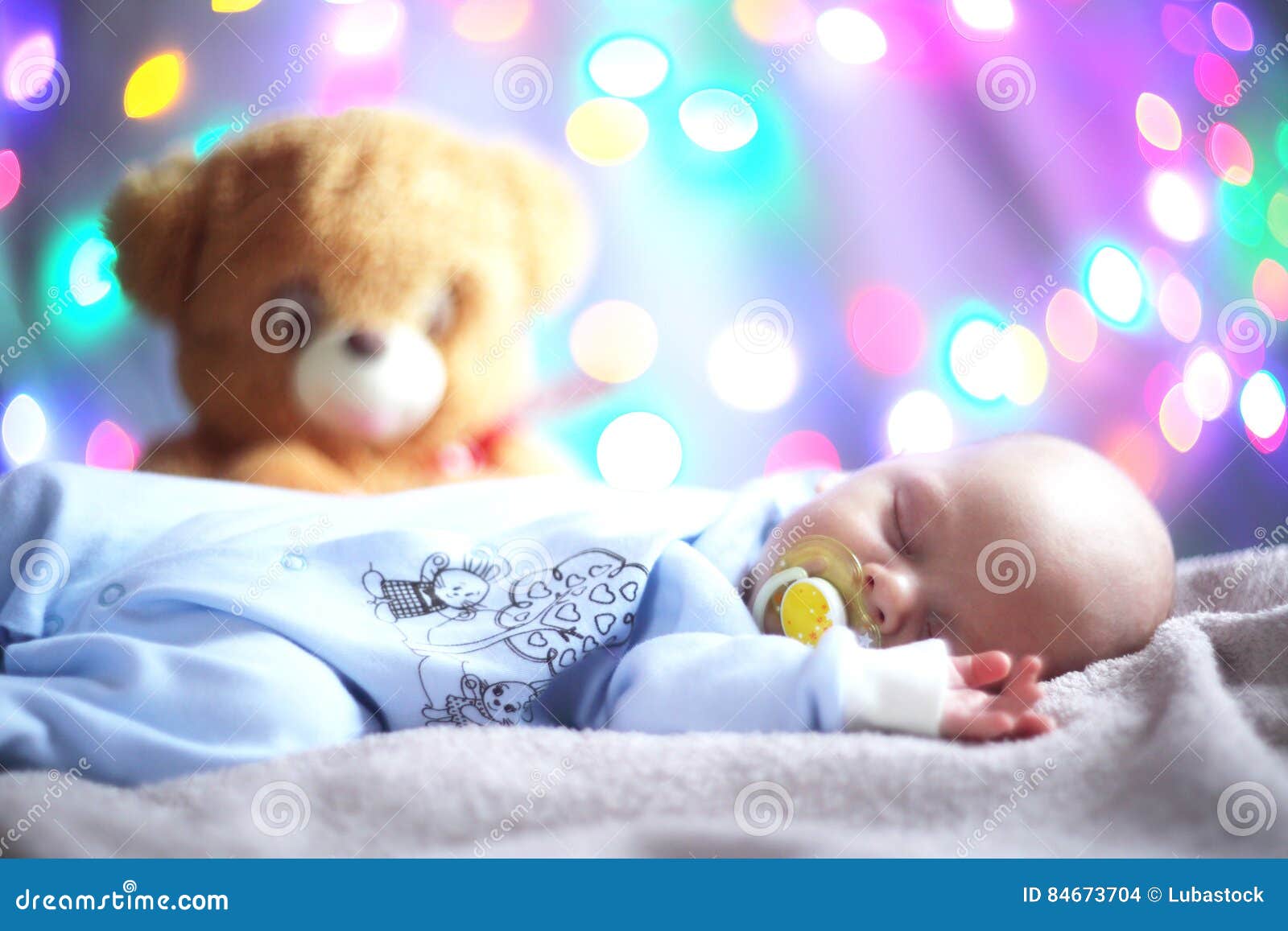 Newborn Baby and Teddy Bear Stock Photo - Image of childhood, bokeh ...