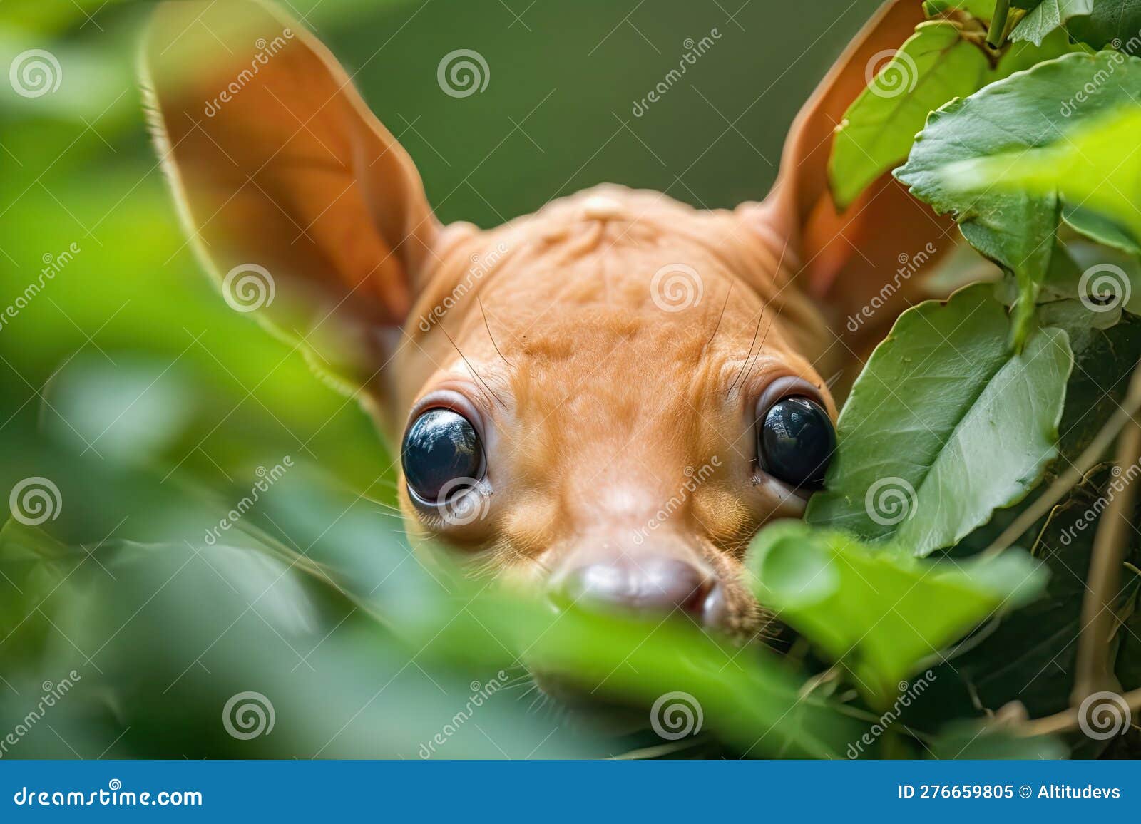 Newborn Creature Peeking from Behind Bush, with only Its Eyes and Ears ...