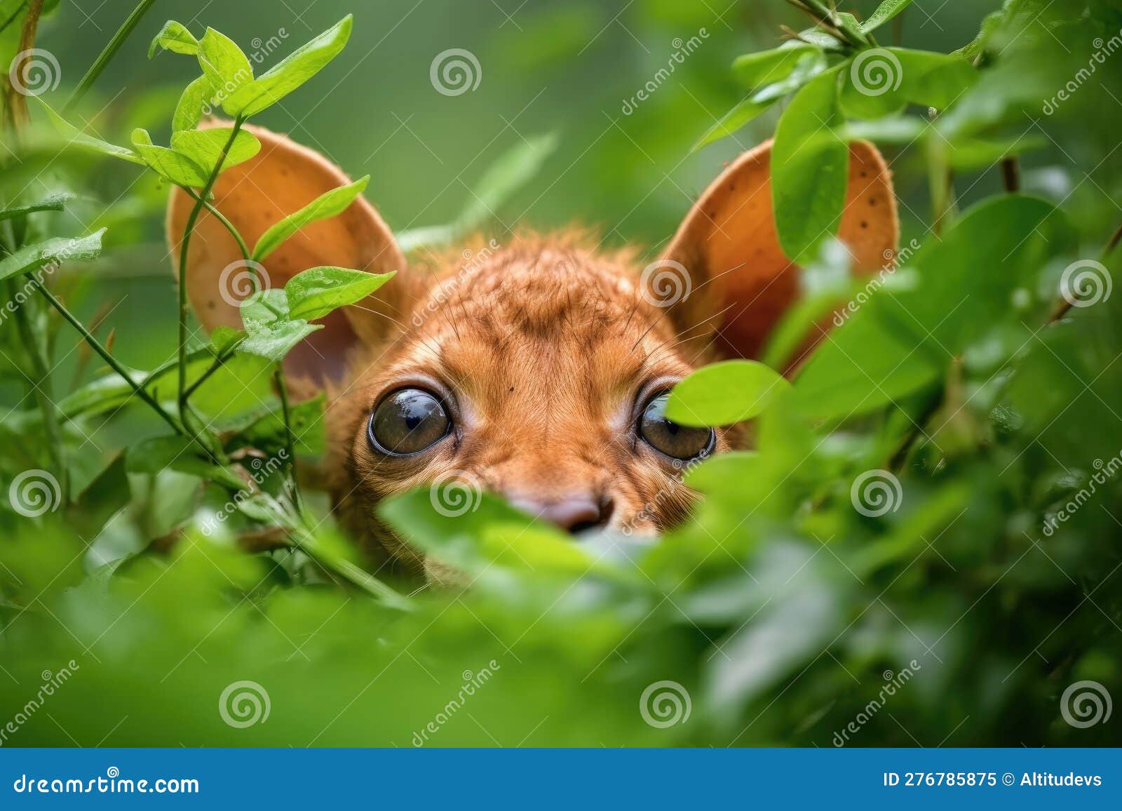 Newborn Creature Peeking from Behind Bush, with only Its Eyes and Ears ...