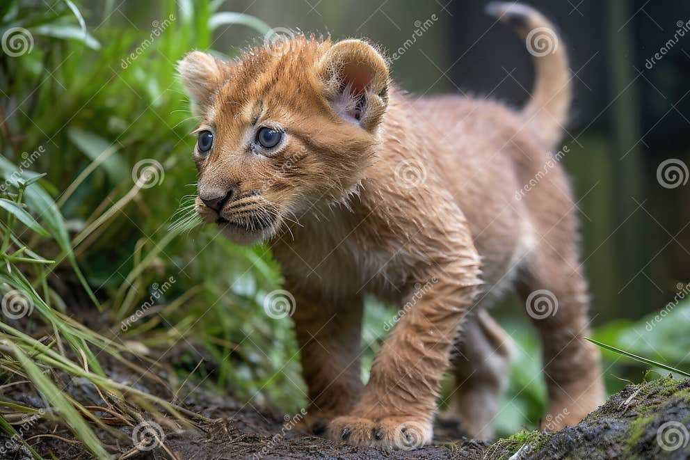 Newborn Lion Cub Exploring the Outdoors for the First Time Stock ...