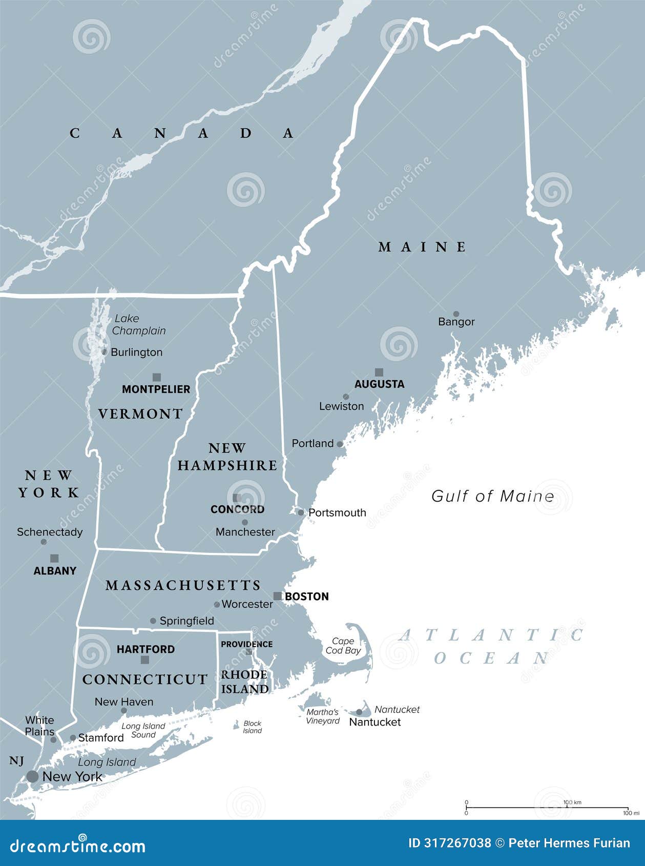 New England, a Region of the United States, Gray Political Map Stock ...