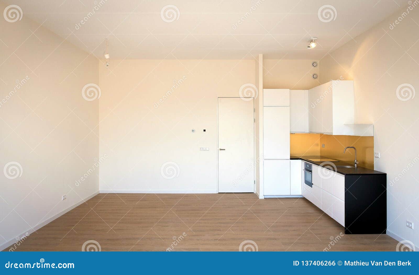 Newly Built Kitchen in Empty Living Room Stock Photo - Image of ...