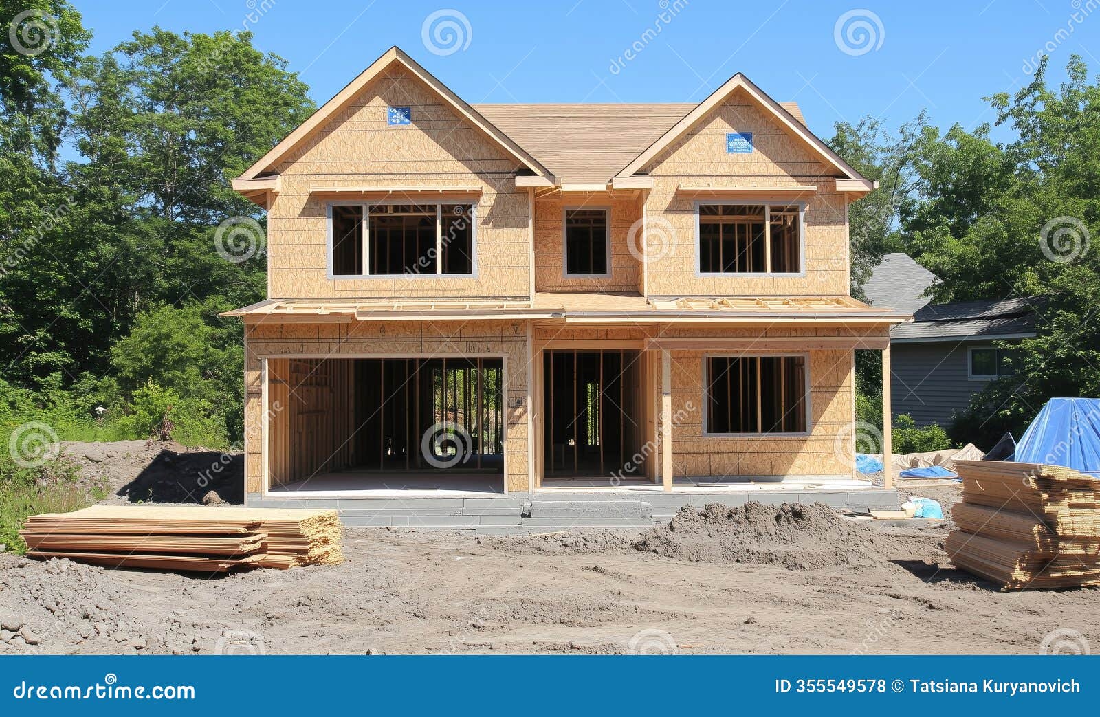 Newly Constructed House Framed with Wood, Undergoing Construction ...