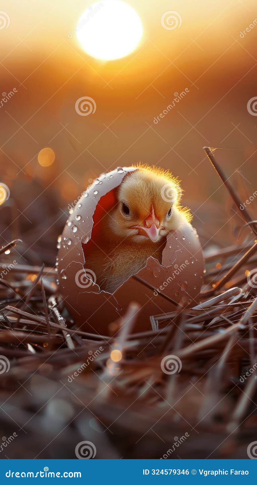 Newly Hatched Chick in Broken Egg Shell at Sunrise, Close-up. New Life ...