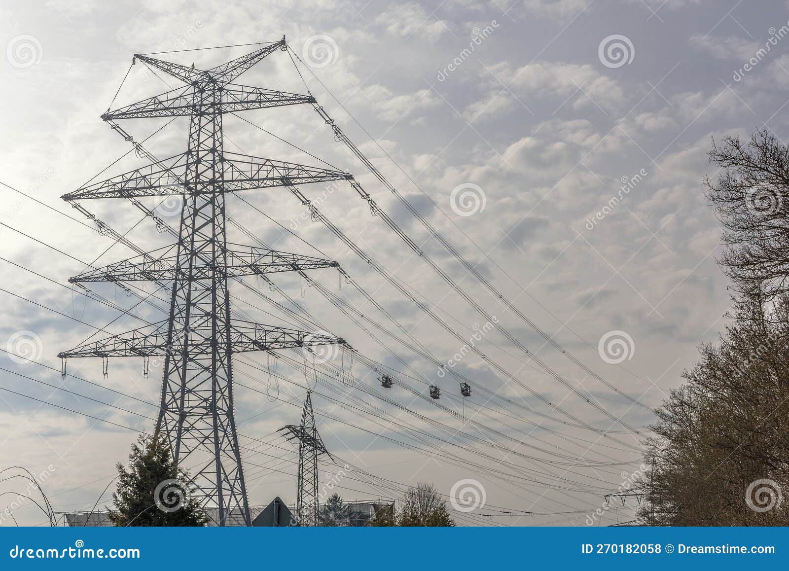 A Newly Installed High-voltage Pylon with Some Cables Connected Stock ...