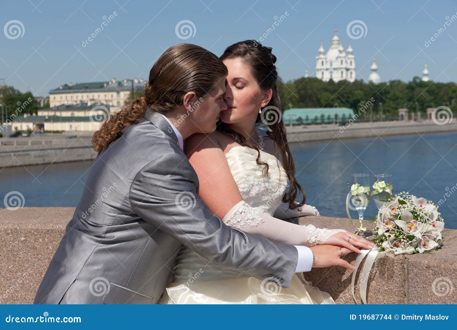 Newly-married Couple on the Bridge Stock Photo - Image of river ...