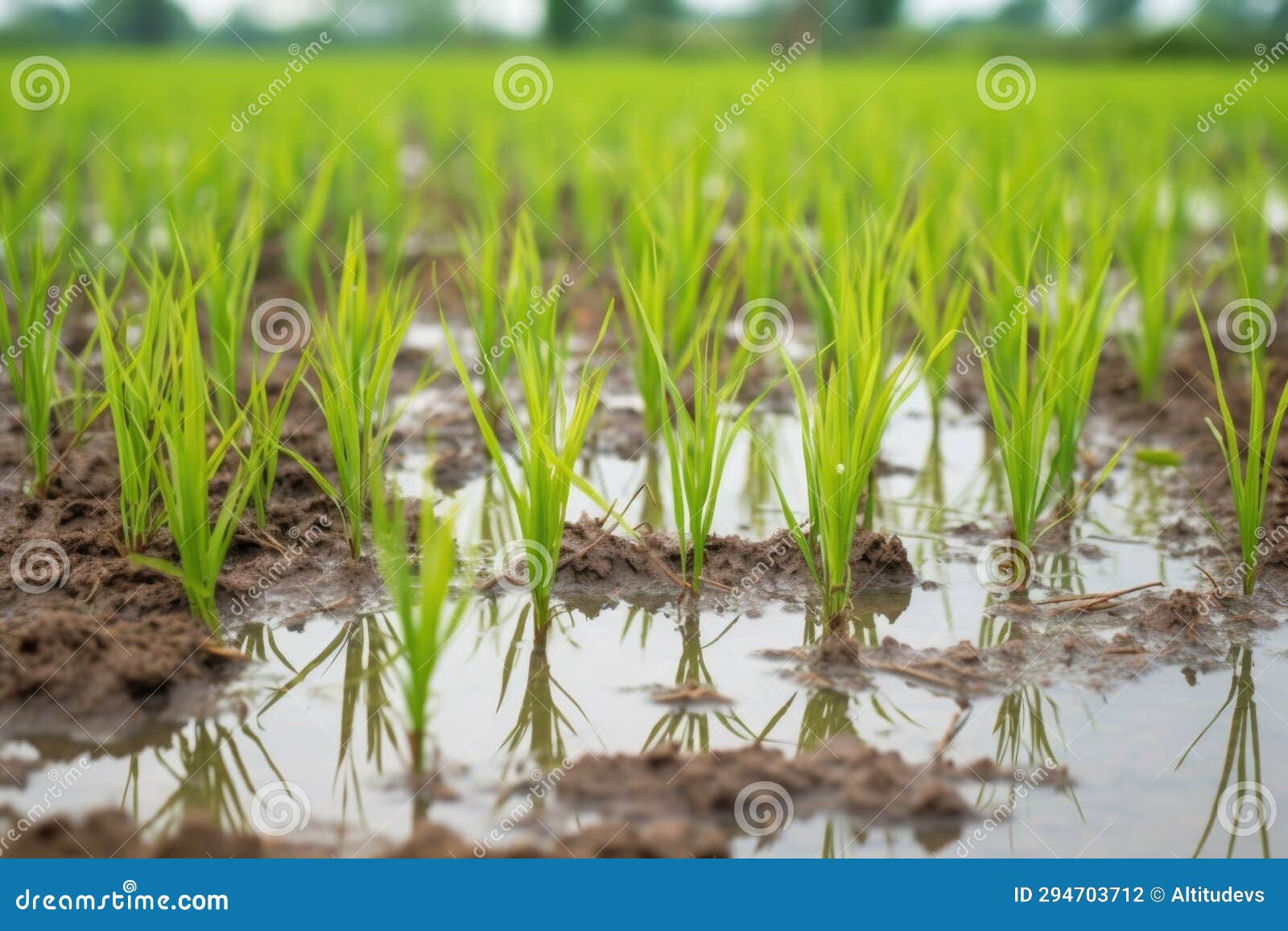 Newly Planted Rice Saplings in Wet Mud Stock Photo - Image of farming ...