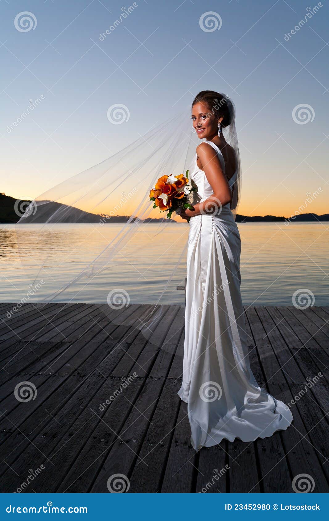 Newlywed Bride at Sunset with Veil Extended Stock Photo - Image of wife ...