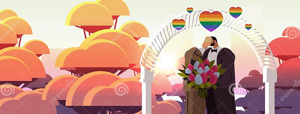 Newlywed Gay Couple With Flowers Kissing Near Wedding Arch Transgender