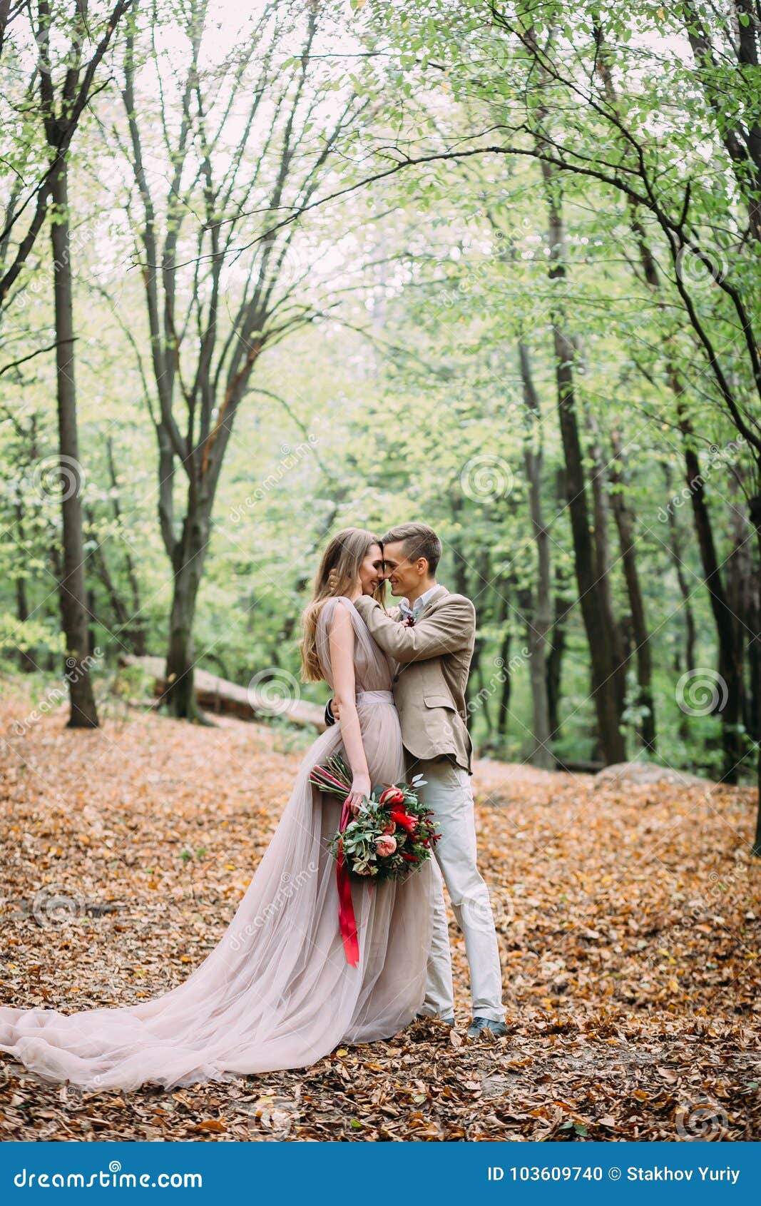 Newlyweds in an Autumn Romantic Forest. Wedding Ceremony Outdoors Stock ...