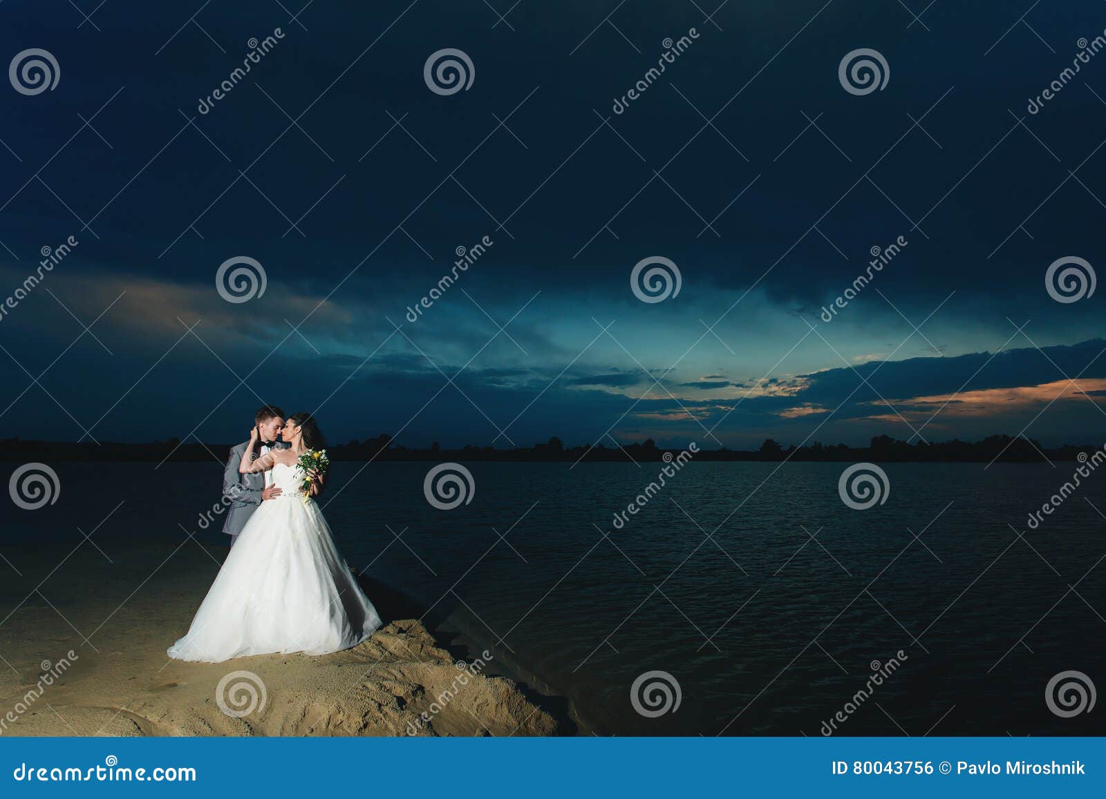 Newlyweds on the River Bank at Night Stock Photo - Image of bridegroom ...