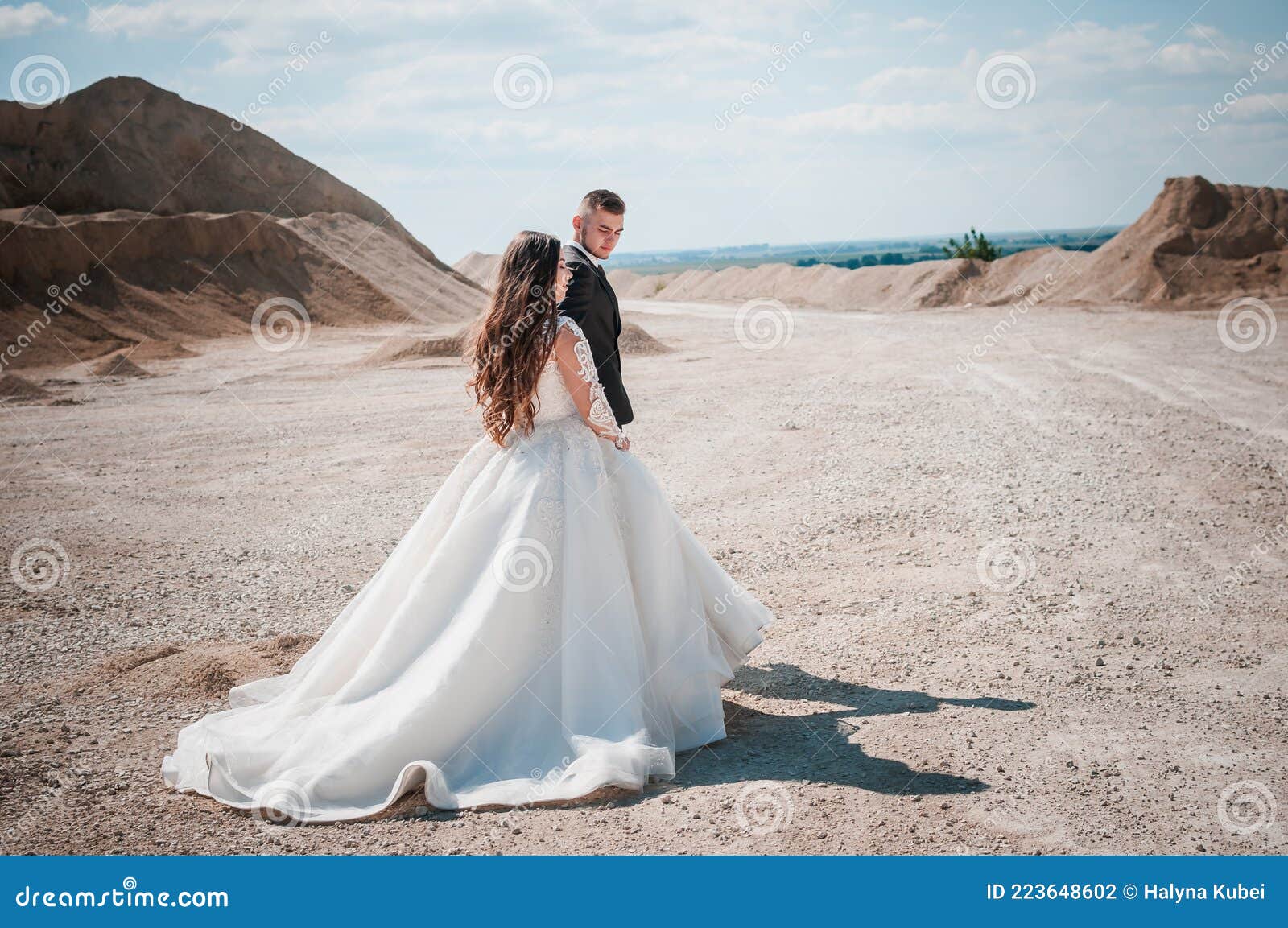 Newlyweds Walk and Hug in a Sandy Quarry Stock Photo - Image of love ...