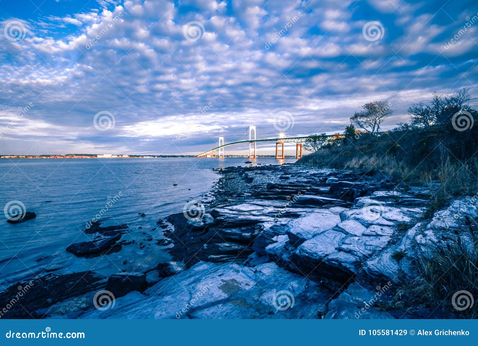 Newport Bridge at Sunset with Dramatic Sky Stock Image - Image of ...