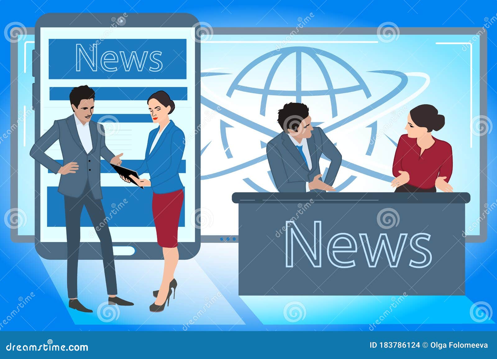 TV Presenters Set, Man And Woman Newscaster, Anchorman Reporting In TV ...