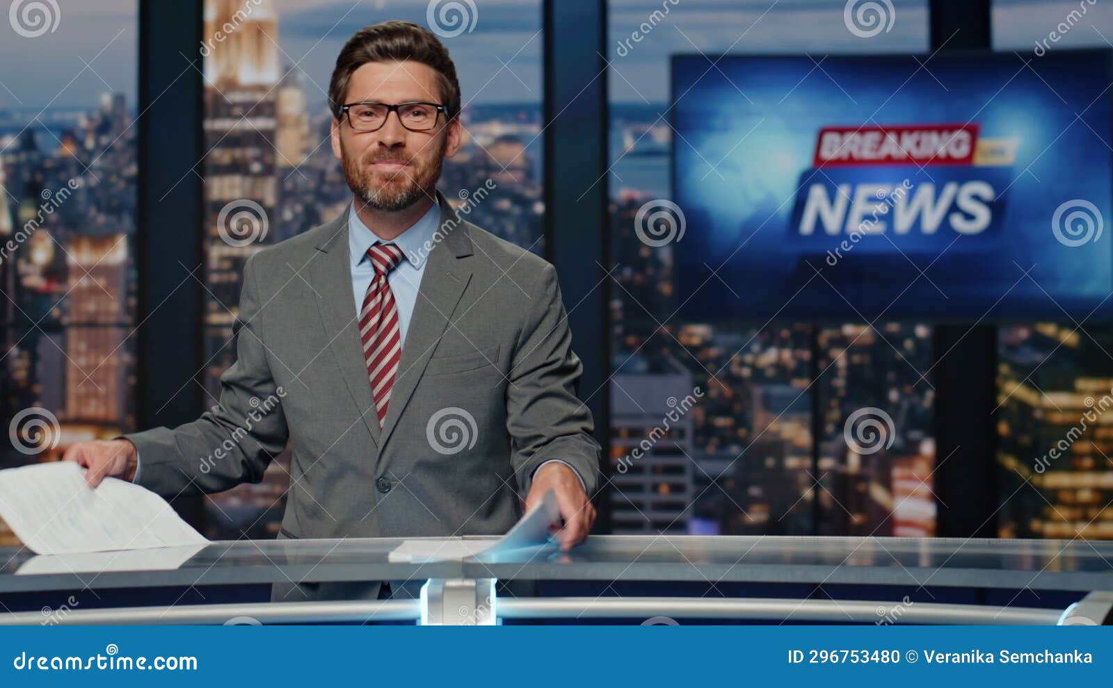 News Anchorman Ending Tv Program at Evening Studio Closeup. Man Saying ...