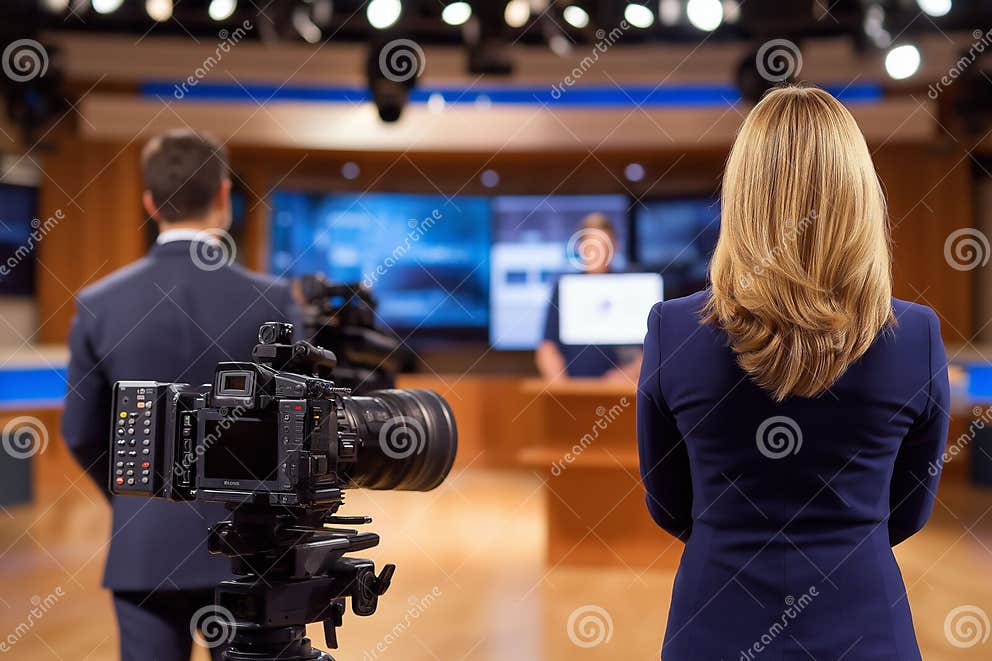 News Broadcast Preparation in a Television Studio with Camera Operators ...