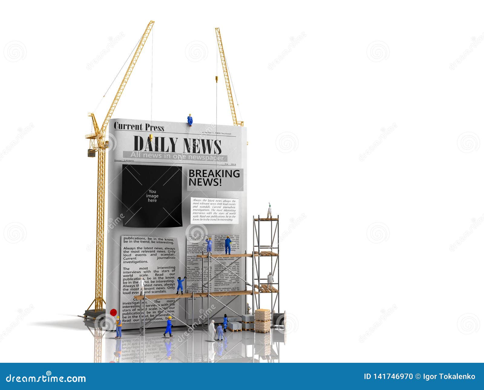 News Building Concept Builders Stick Newspaper Columns on a Blank ...