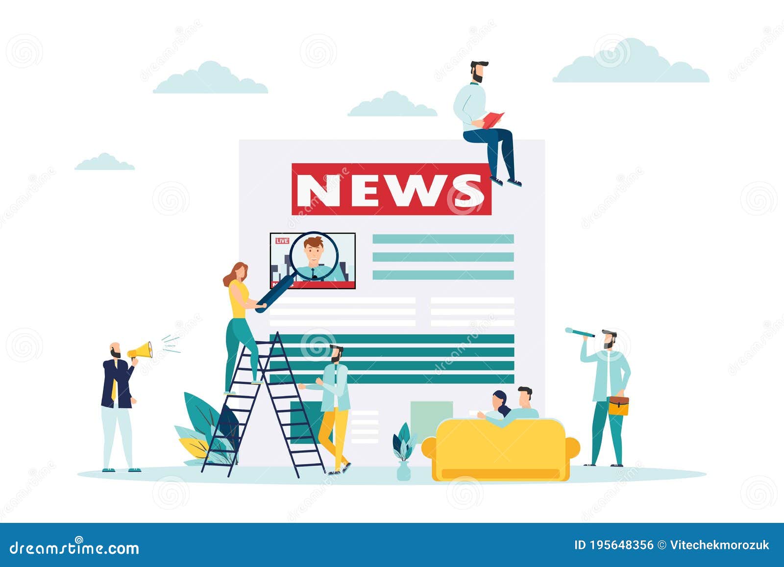 News Concept with Team People and Page Design. Vector Illustration ...
