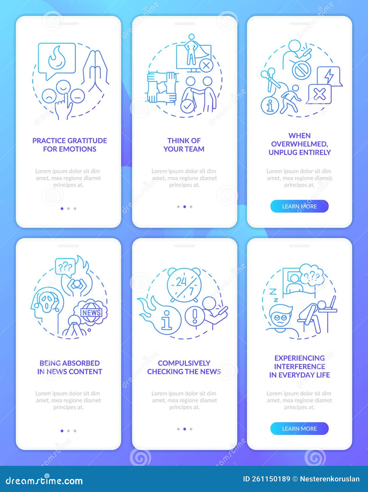 News Overload Blue Gradient Onboarding Mobile App Screen Set Stock ...