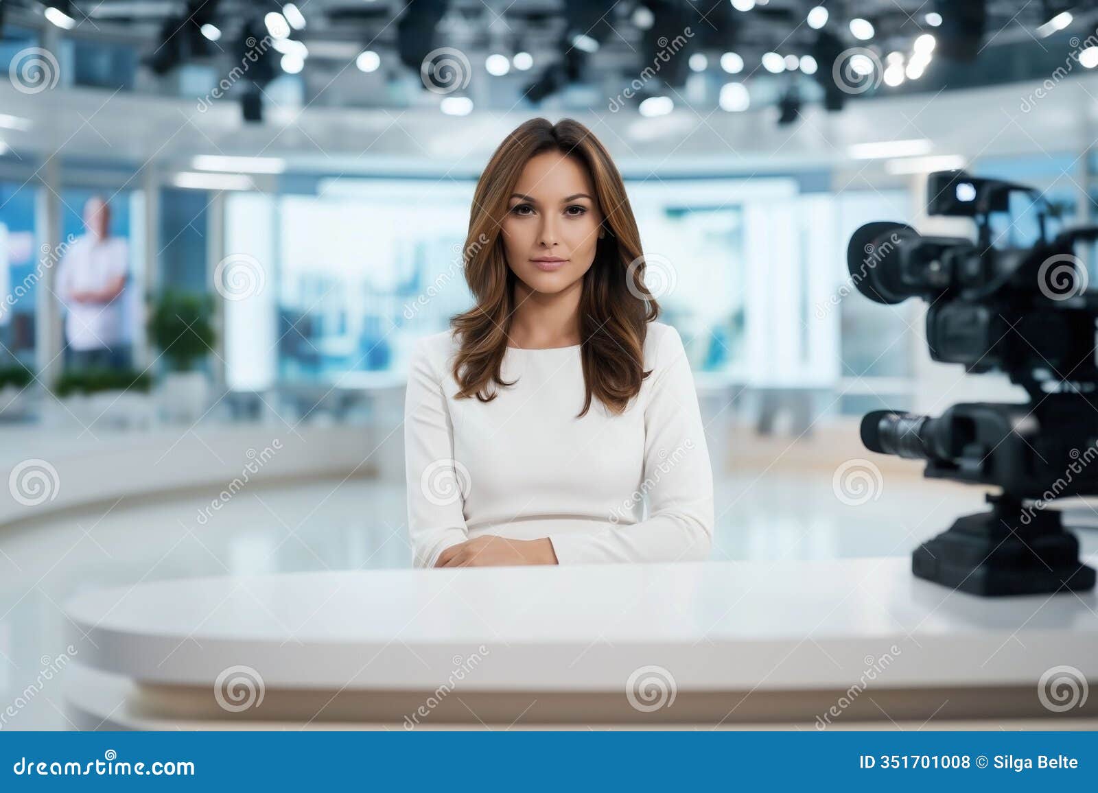 News Presenter in a Modern Studio Setup Prepares for a Live Broadcast ...