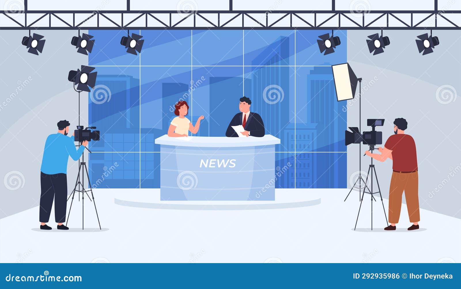 News Studio with Journalists and Operators. TV News, Journalists ...