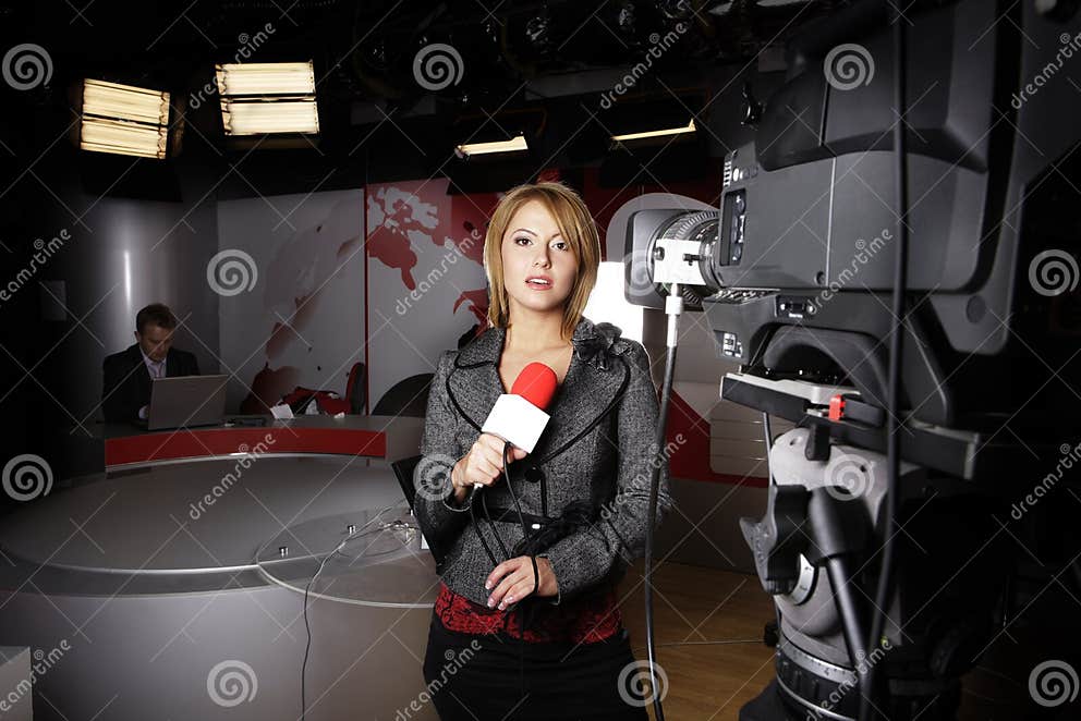 Newscaster with Microphone in Studio Editorial Photography - Image of ...