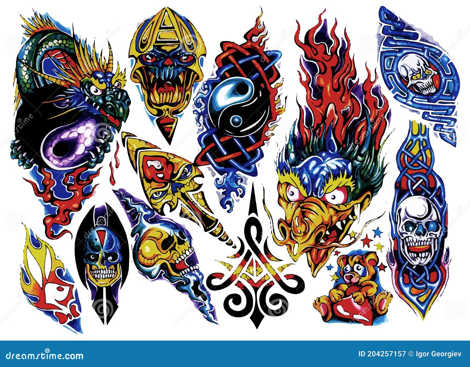 Newskool Tattoo Set. Set of Labels and Elements. Vector Set Illustration Template Tattoo. Stock ...