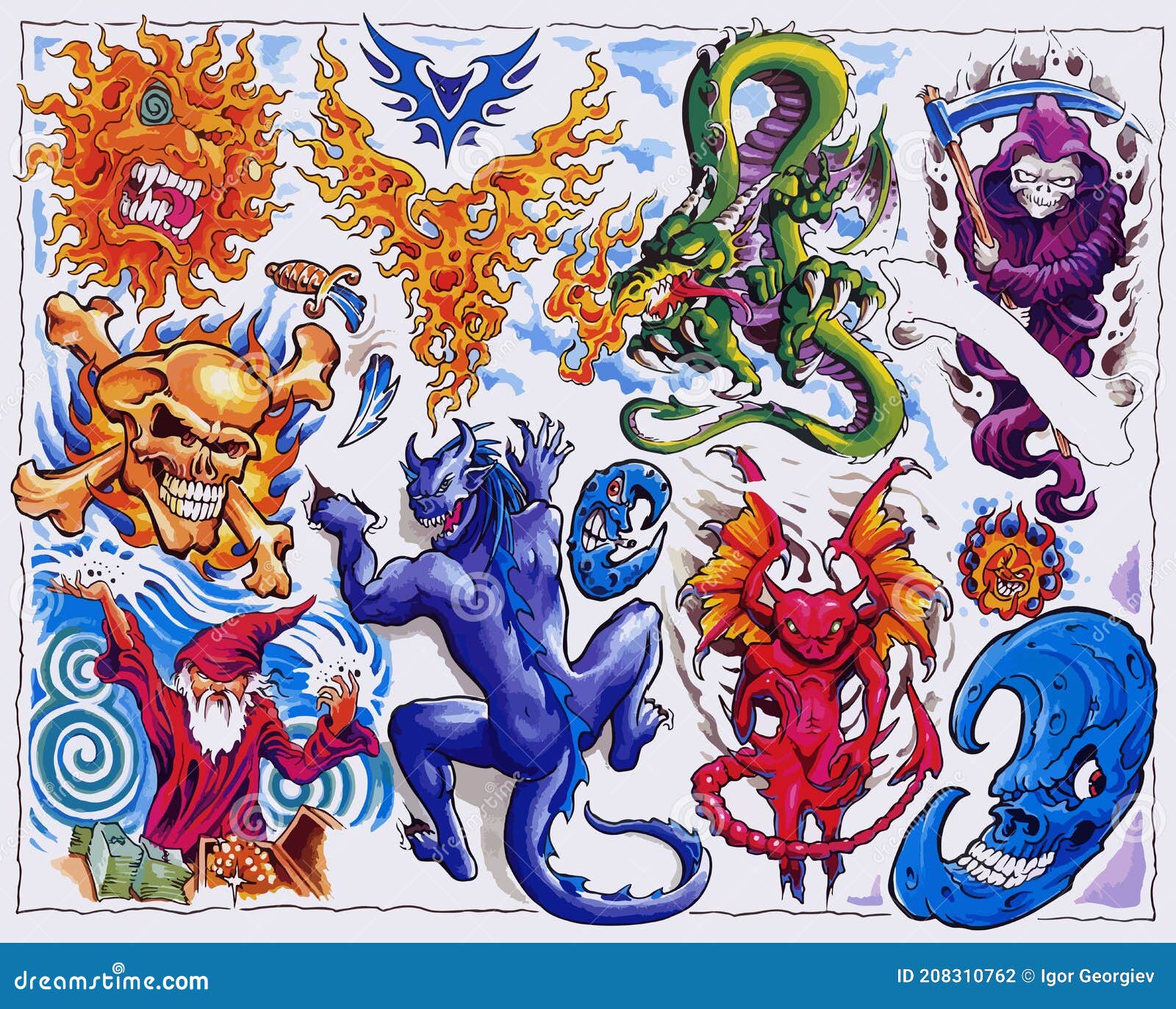 Newskool Tattoo Set. Set of Labels and Elements. Vector Set Illustration Template Tattoo. Stock ...