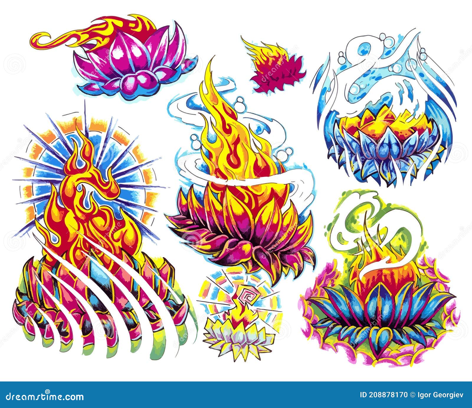 Flowers Newskool Tattoo Set. Set of Labels and Elements. Vector Set ...