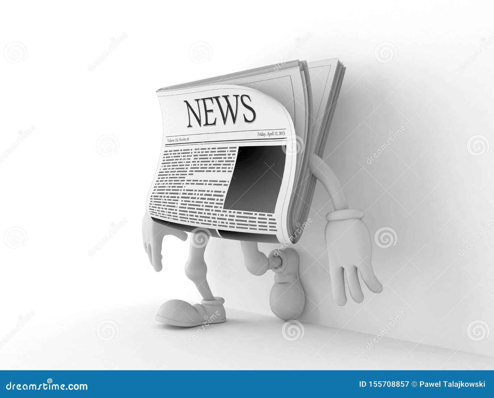 Newspaper Character Leaning on Wall on White Background Stock ...