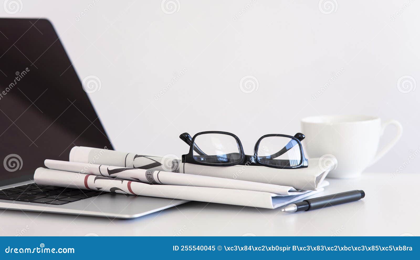 Newspaper with Computer on Table Stock Image - Image of digital, pencil ...