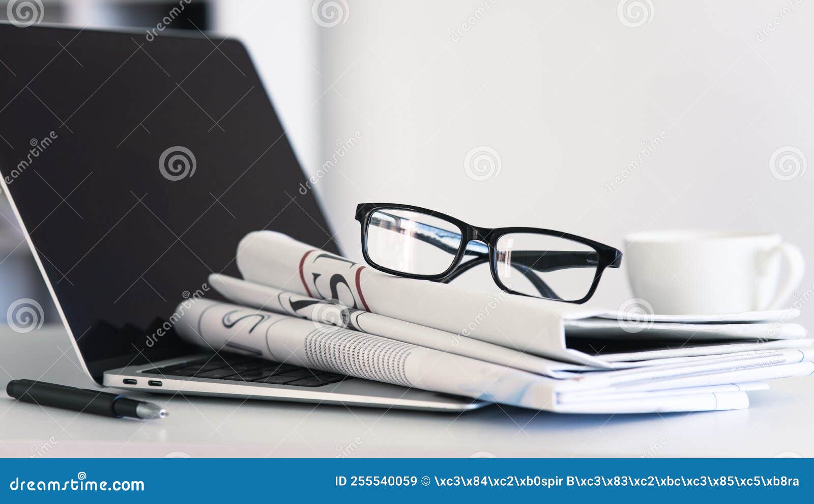 Newspaper with Computer on Table Stock Image - Image of background ...
