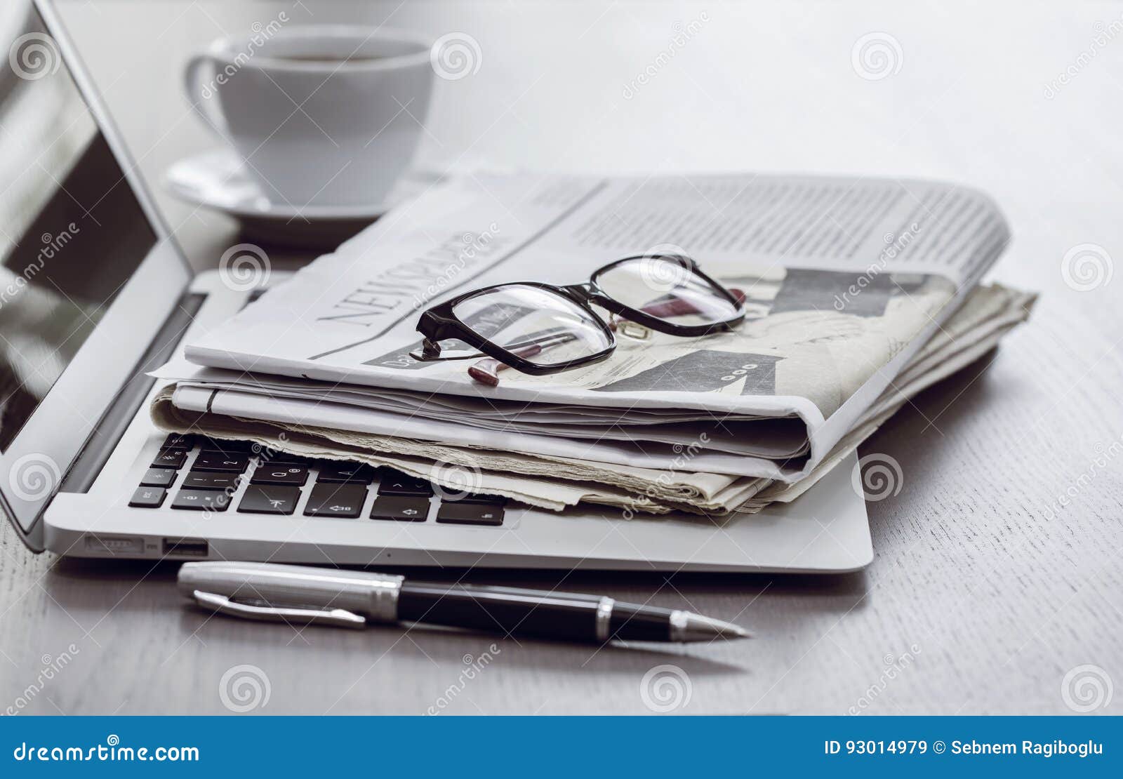 Newspaper with Computer on Table Stock Image - Image of table ...