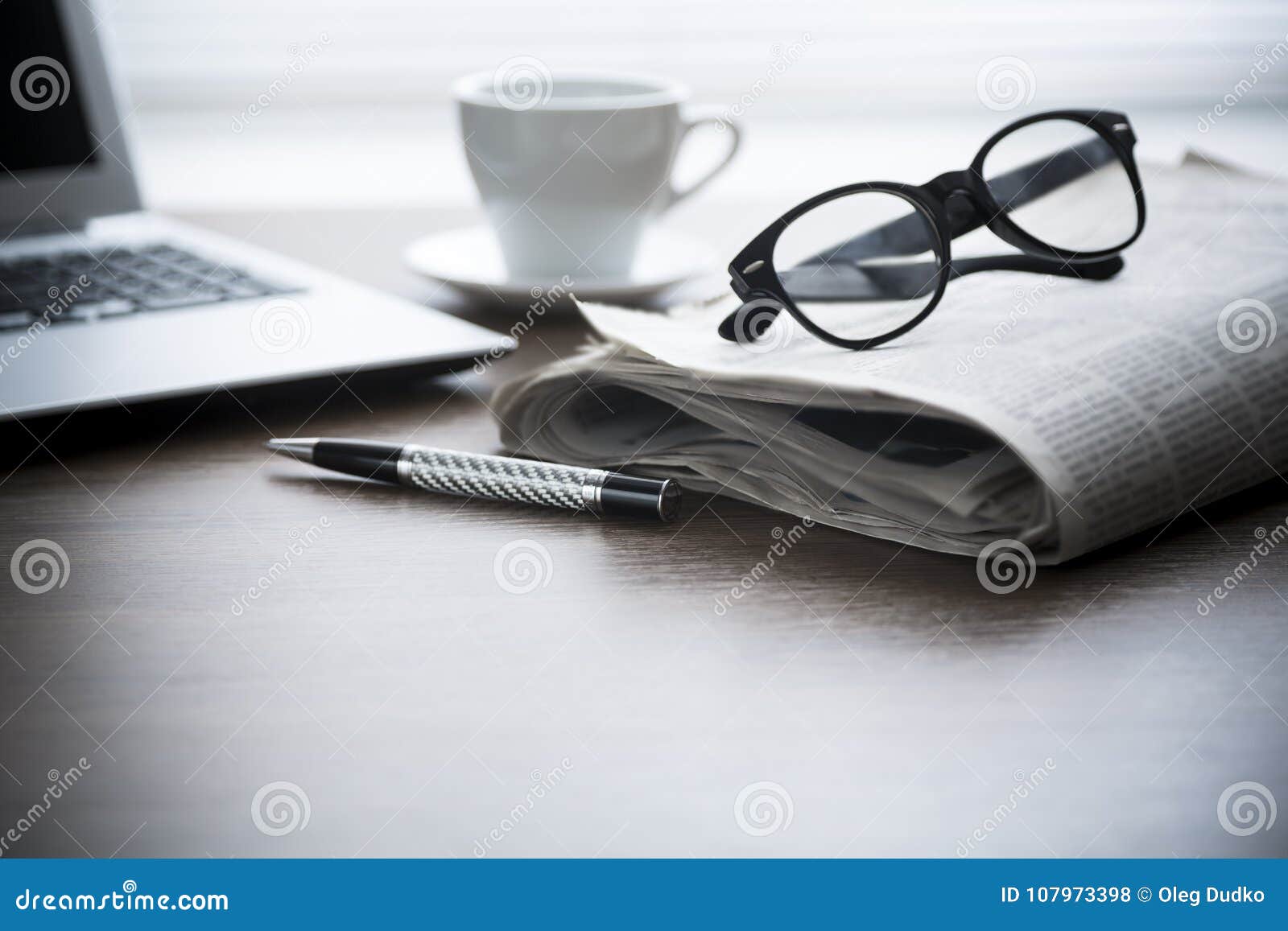 Newspaper with Computer on Table Stock Photo - Image of journal ...