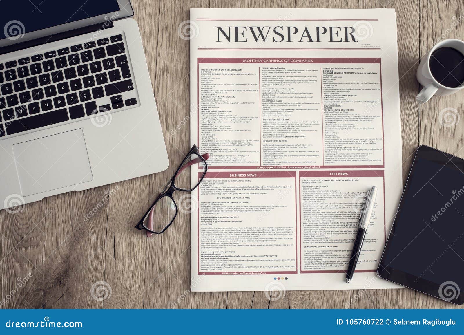 Newspaper with Computer on Wooden Background Stock Photo - Image of ...