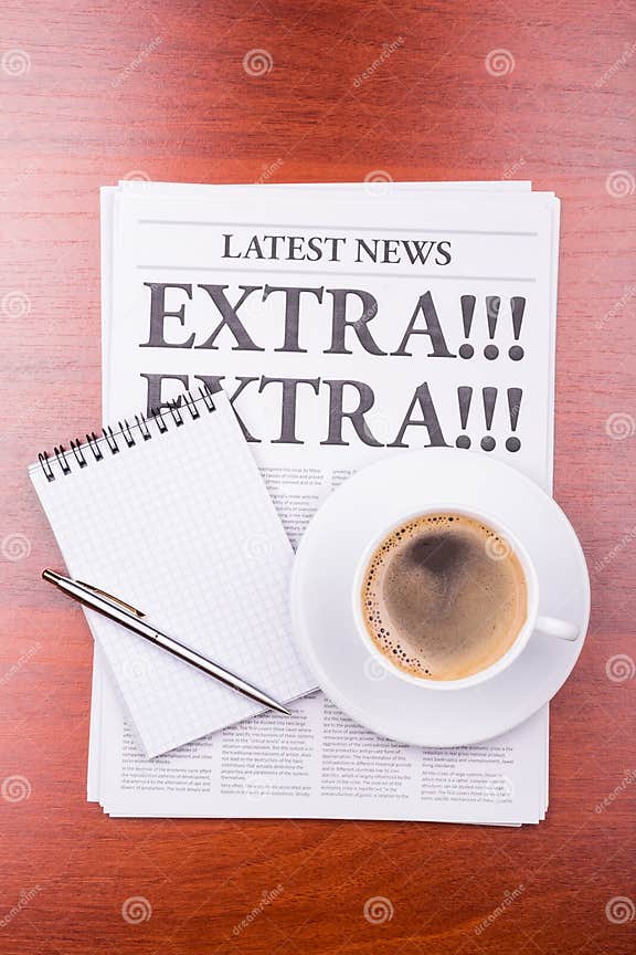 The Newspaper EXTRA! EXTRA! and Coffee Stock Photo - Image of office ...