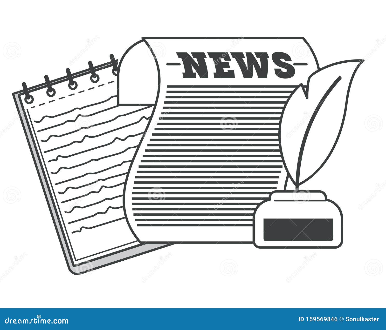 Newspaper with Ink and Feather, Notepad with Spiral Binder Stock Vector ...