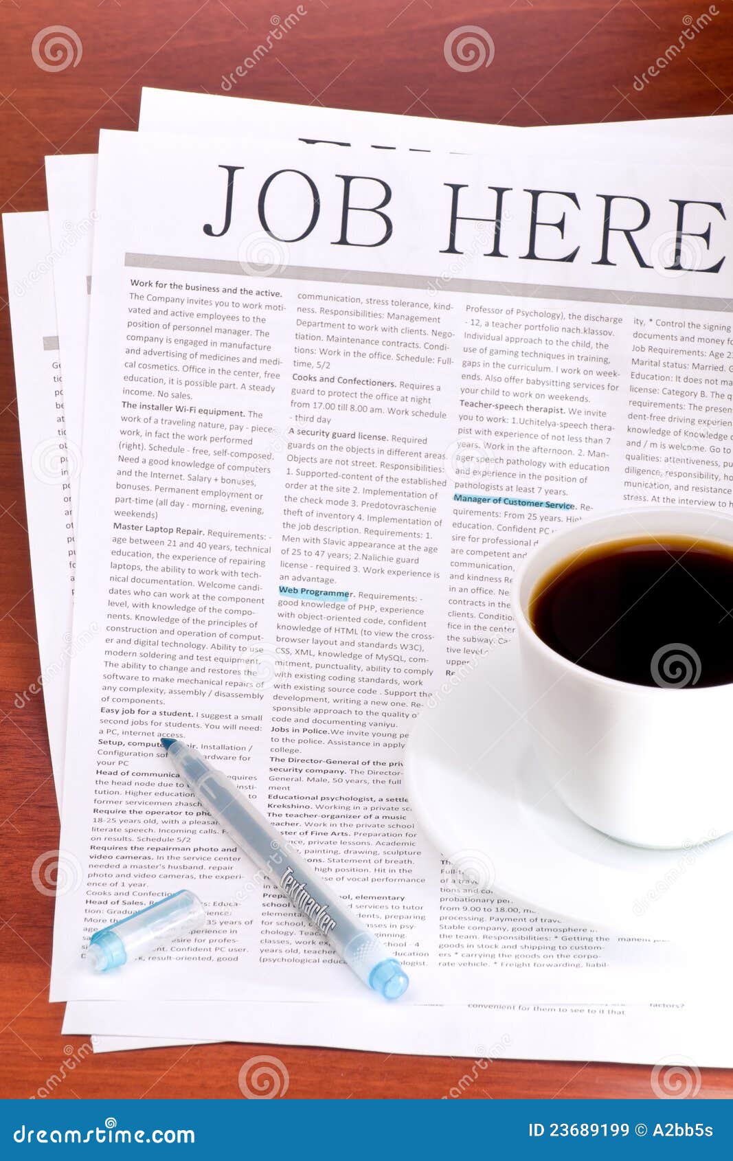 Newspaper JOB HERE and a Cup of Coffee Stock Image - Image of article ...