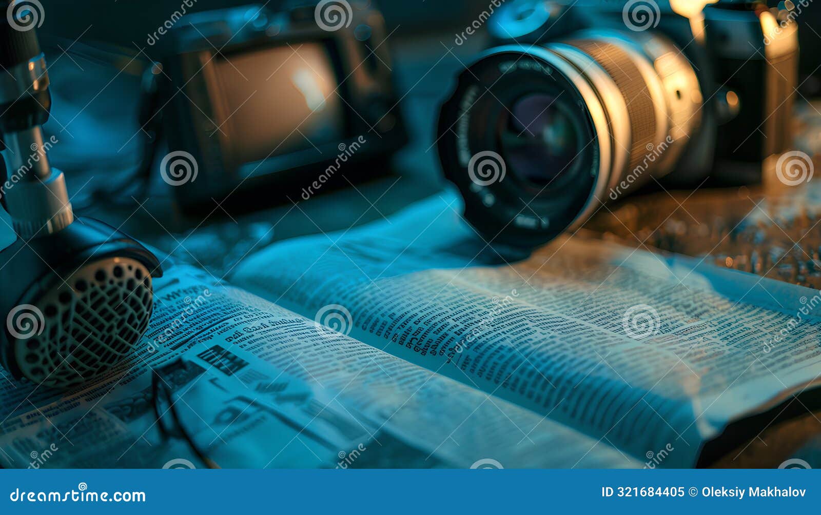 Newspaper with Microphone and Photo Camera on Dark Background, Closeup ...