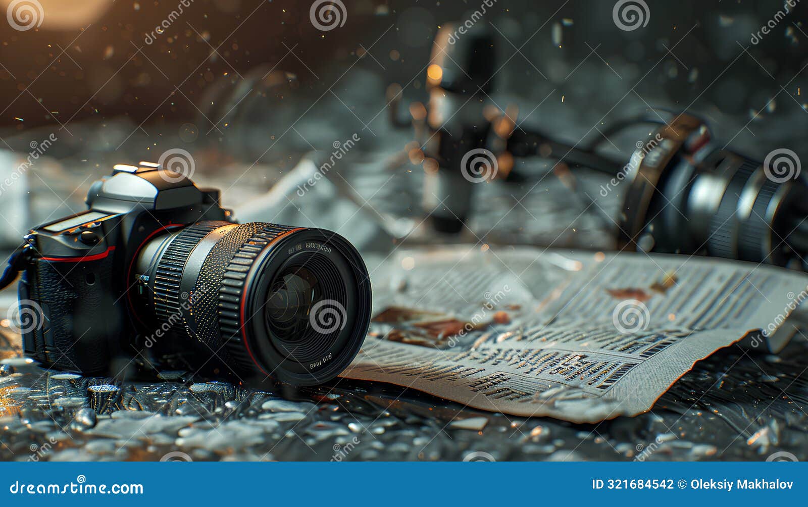 Newspaper with Microphone and Photo Camera on Dark Background, Closeup ...