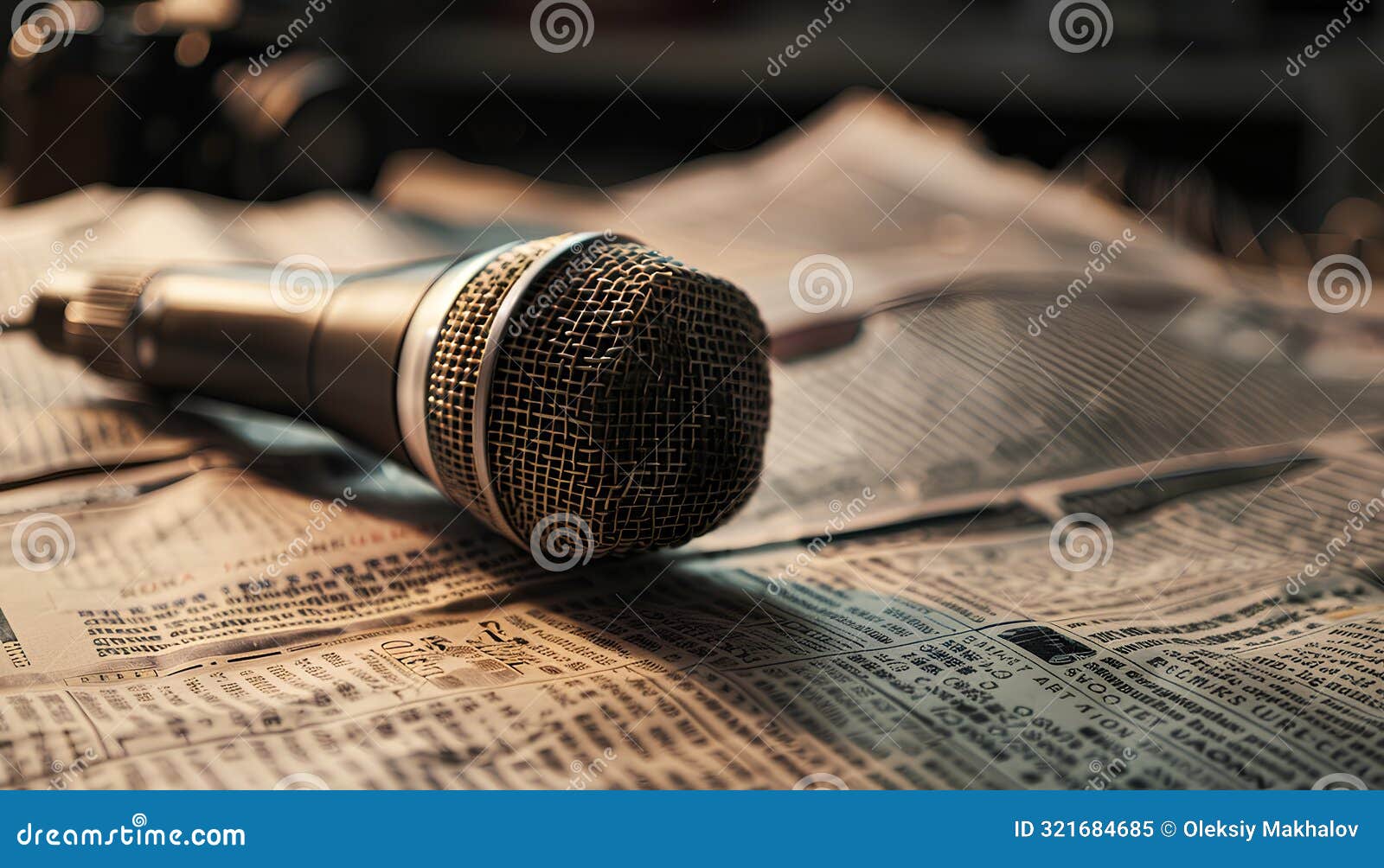 Newspaper with Microphone and Photo Camera on Dark Background, Closeup ...