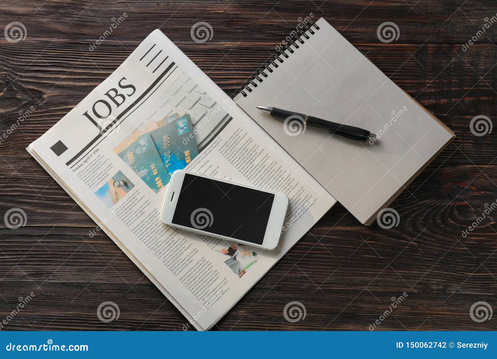 Newspaper, Notepad and Mobile Phone on Wooden Background Stock Photo ...
