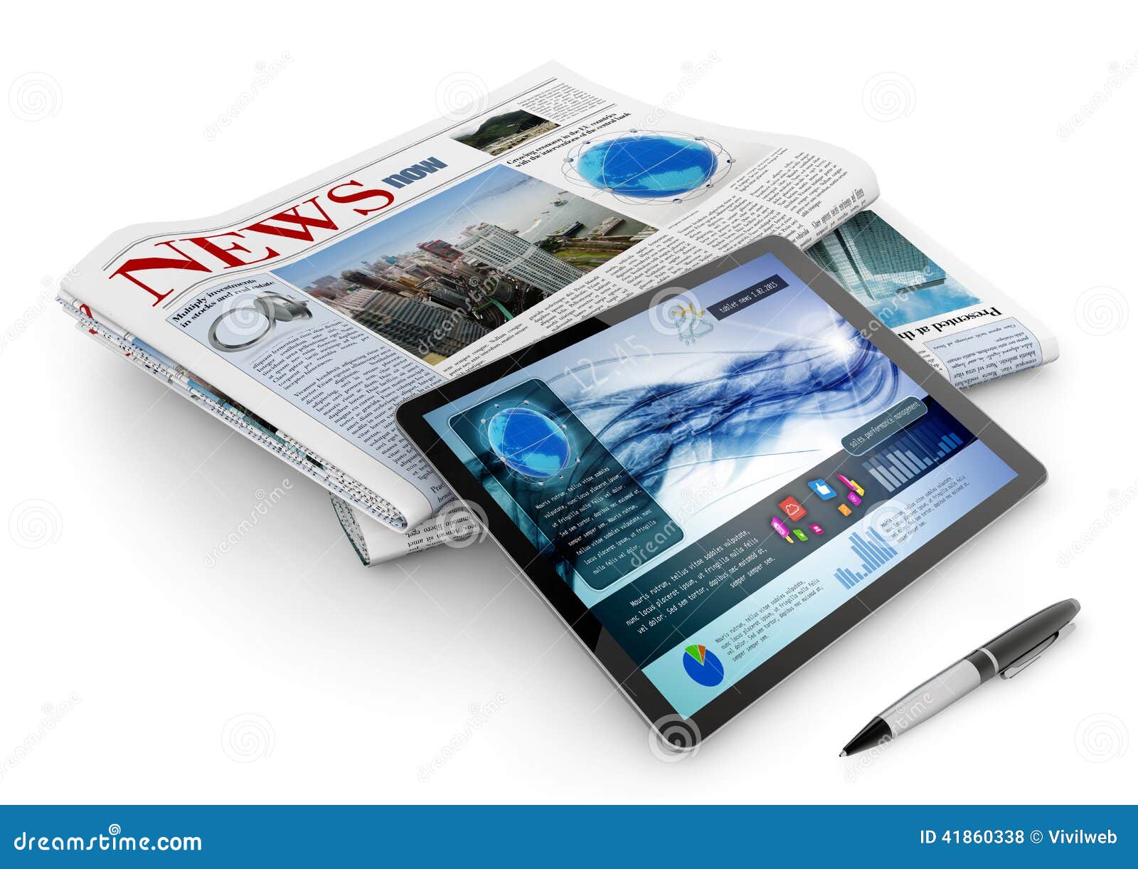 Daily Newspaper, Tablet and Pen Stock Illustration - Illustration of ...