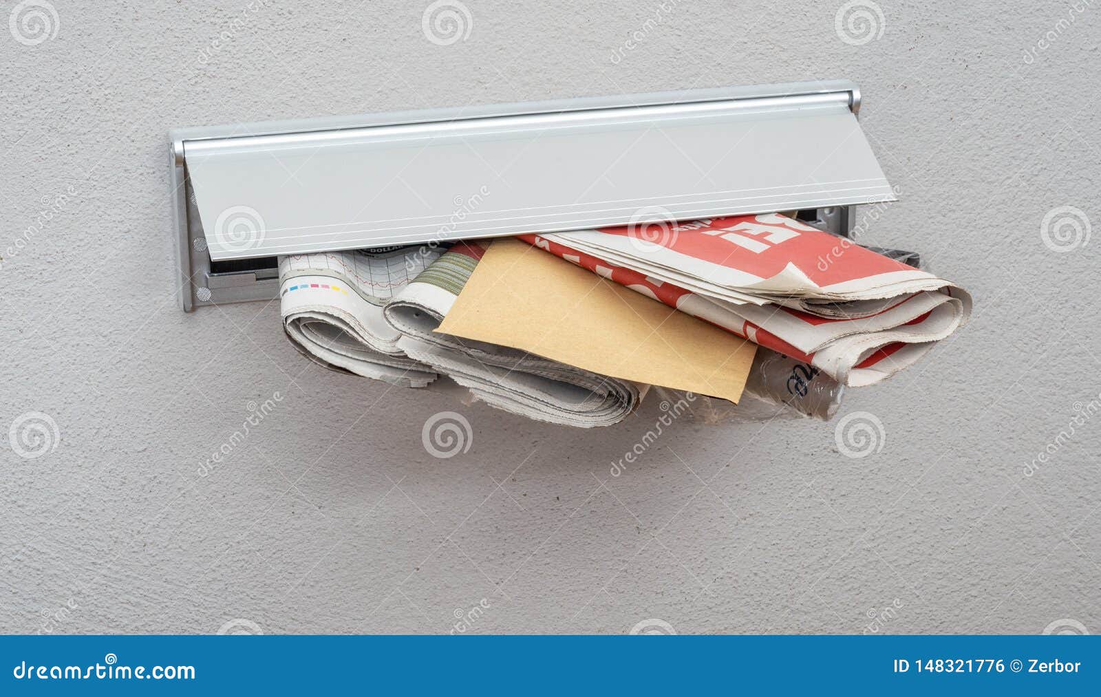 Newspapers and a Letter in a Mail Slot Stock Photo - Image of plate ...