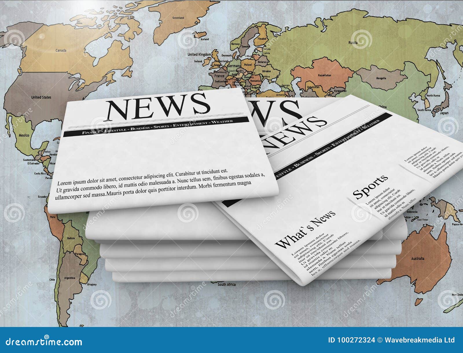 Newspapers Stacked on Top of World Map Stock Illustration ...