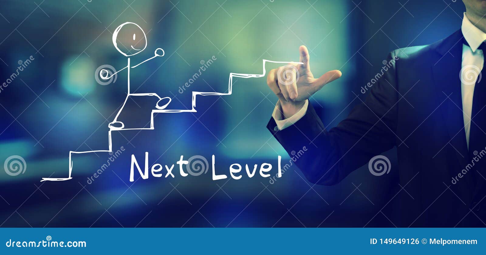 Next Level Concept with a Businessman Stock Photo - Image of drawing ...